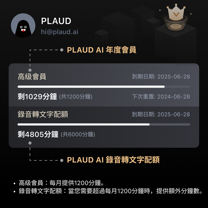 PLAUD AI 年度專業計劃 ( 含每個月 1200 分鐘轉寫時數、AI 總結服務 )